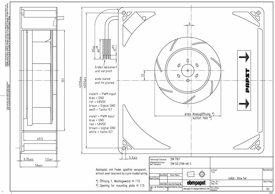 IP68防护等级 轨道风扇220×56 mm 310m³/h RG160-28/18NU